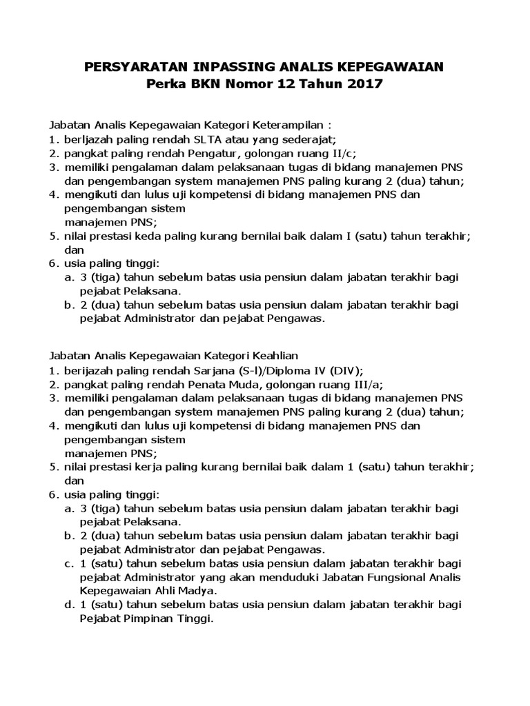Persyaratan Inpassing JF Analis Kepegawaian | PDF