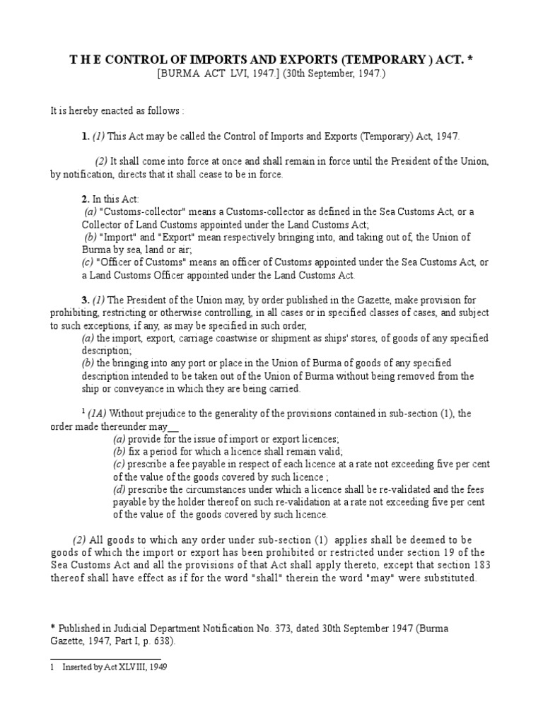 Import-Export (Temporary) Act | Download Free PDF | Customs | Public Law