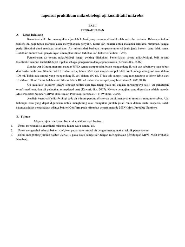 Laporan Praktikum Mikrobiologi Uji Kuantitatif Mikroba | PDF Laporan Praktikum Mikrobiologi Uji Kuantitatif Mikroba | PDF