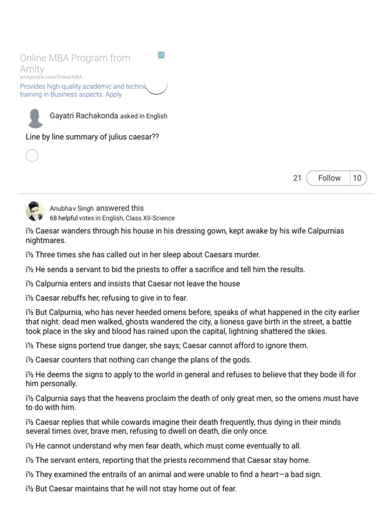 Ask Answer Question Line by Line Summary of Julius Caesar Julius Caesar ...