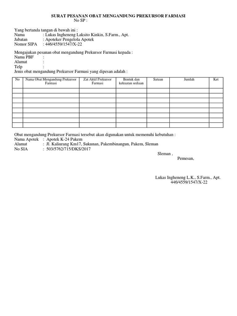 Surat Pesanan Obat Prekursor Farmasi | PDF