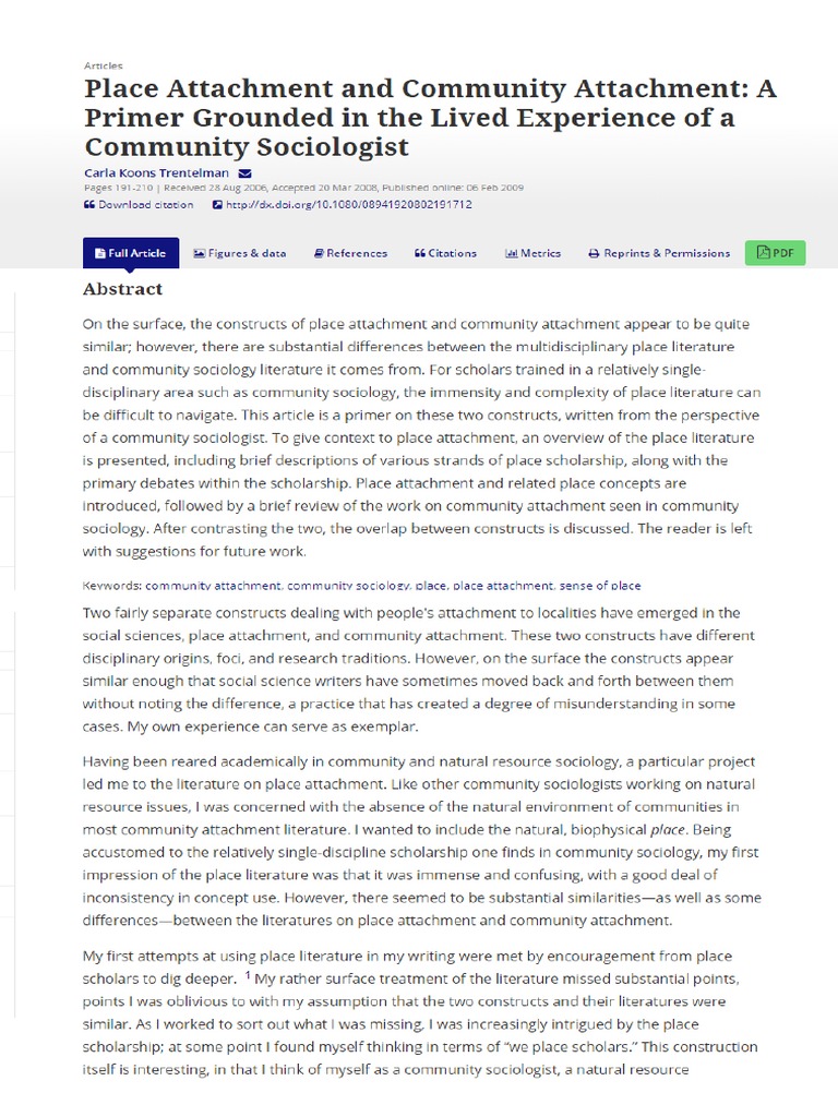 Place Attachment and Community Attachment: A Primer | PDF