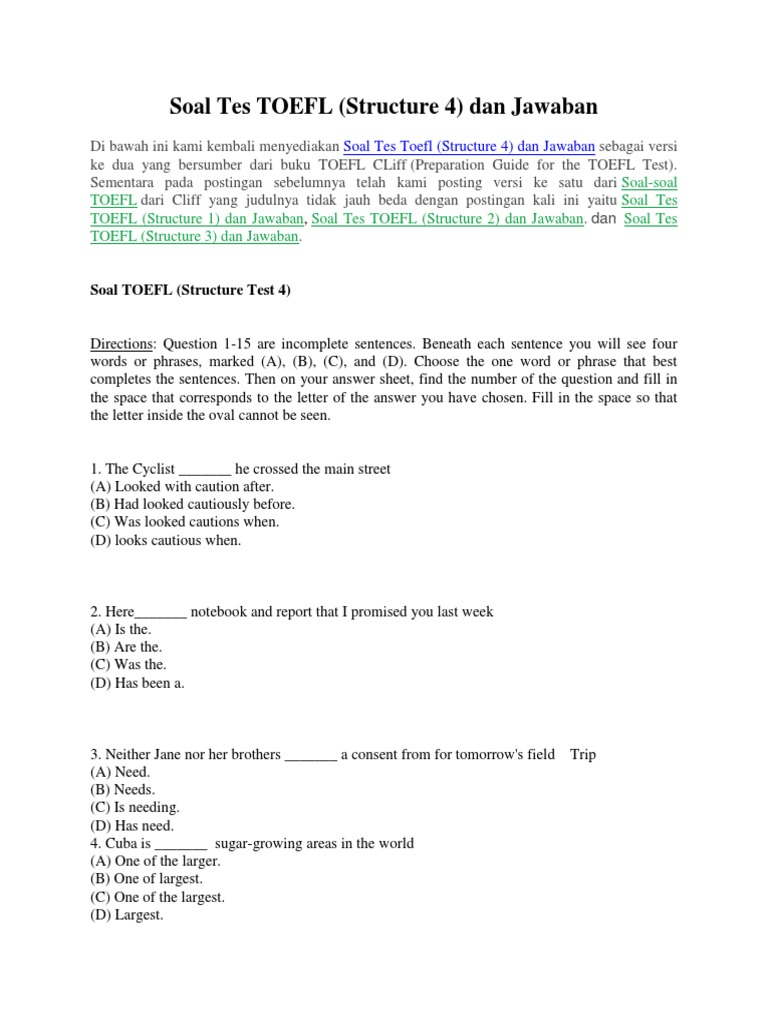 TOEFL Practice Test: Structure 4 - Questions and Answers | PDF