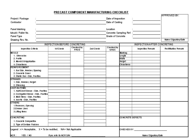 Precast Checklist | Precast Concrete | Concrete