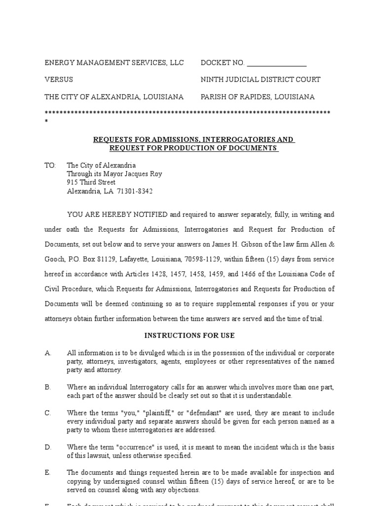 Requests For Admissions, Interrogatories and Request For Production of Documents | PDF ...