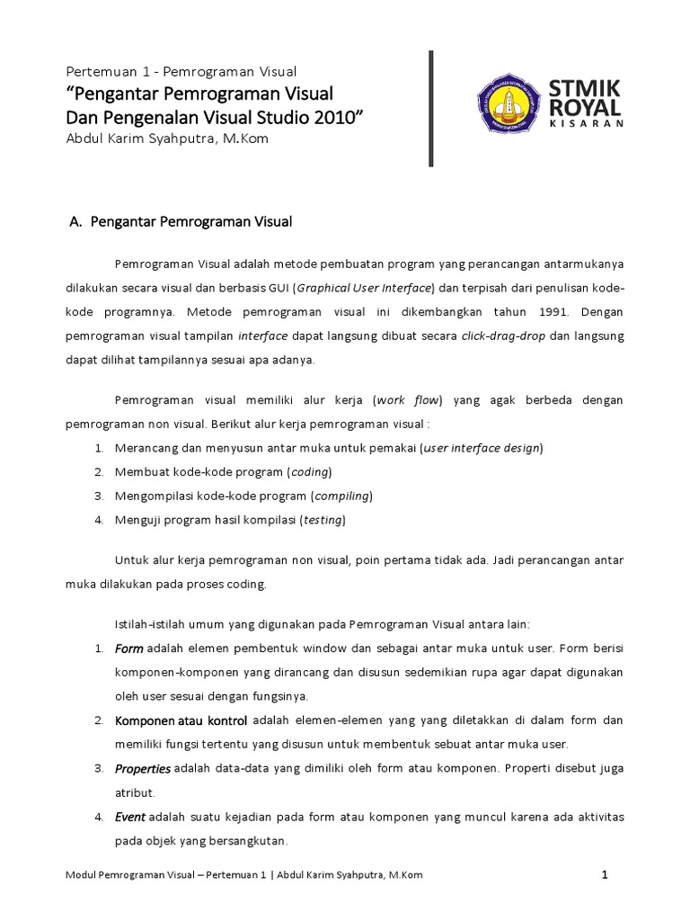 Pert 1 Pemrog Visual Pengantar Pemrograman Visual Dan Visual
