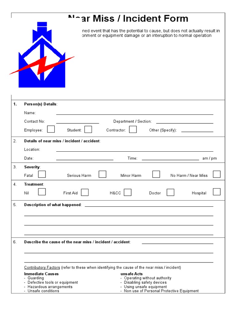 Near Miss Form | PDF | Working Conditions | Safety