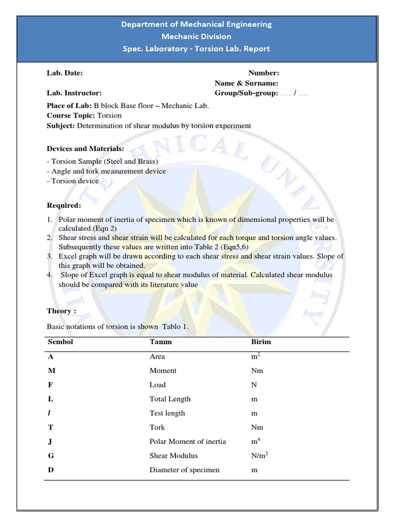 Department of Mechanical Engineering Mechanic Division Spec. Laboratory ...