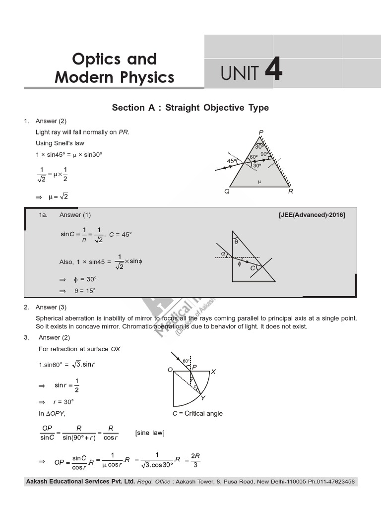 JEE Advanced Optics Solutions Guide | PDF | Lens (Optics) | Optics