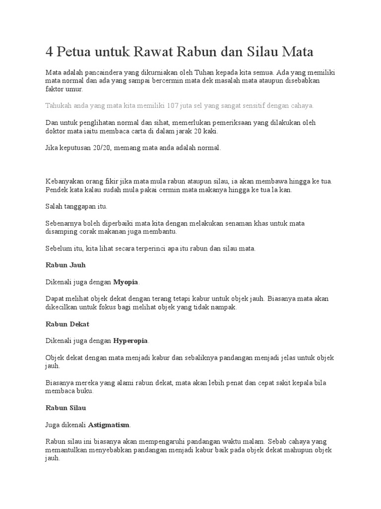 4 Petua Untuk Rawat Rabun Dan Silau Mata | PDF