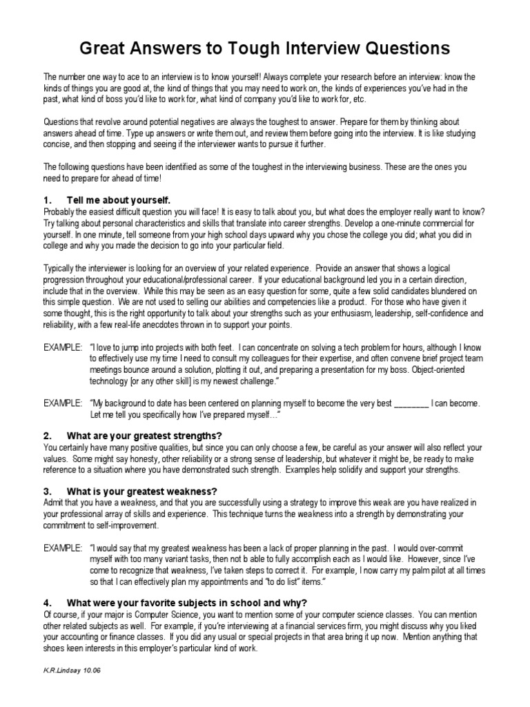 Great Answers To Tough Interview Questions | PDF