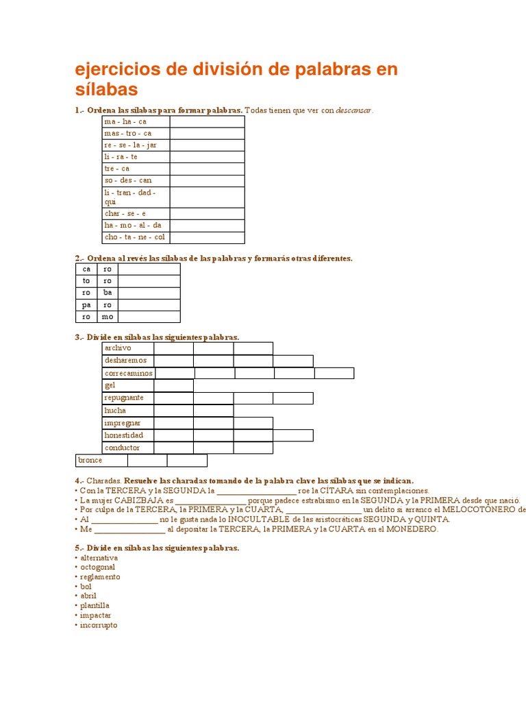ejercicios de división de palabras en sílabas
