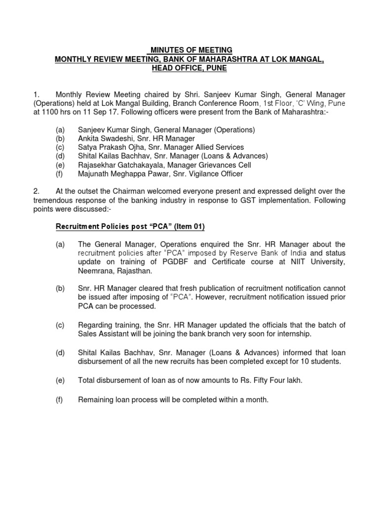 Bank of Maharashtra Monthly Meeting Minutes | PDF | Reserve Bank Of ...