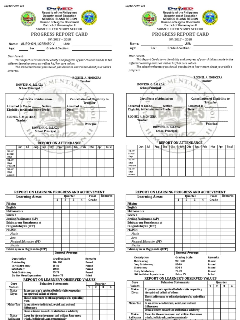 DepED FORM 138 Report Card | PDF | Value (Ethics) | Learning