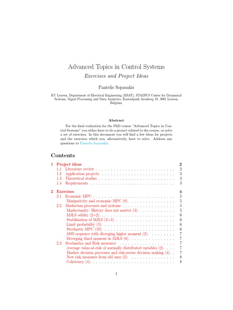 Advanced Topics in Control Systems: Exercises and Project Ideas | PDF ...