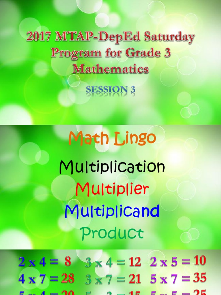 2017 MTAP-DepEd Saturday Program For Grade 3 Mathematics Session 3 | PDF | Multiplication ...