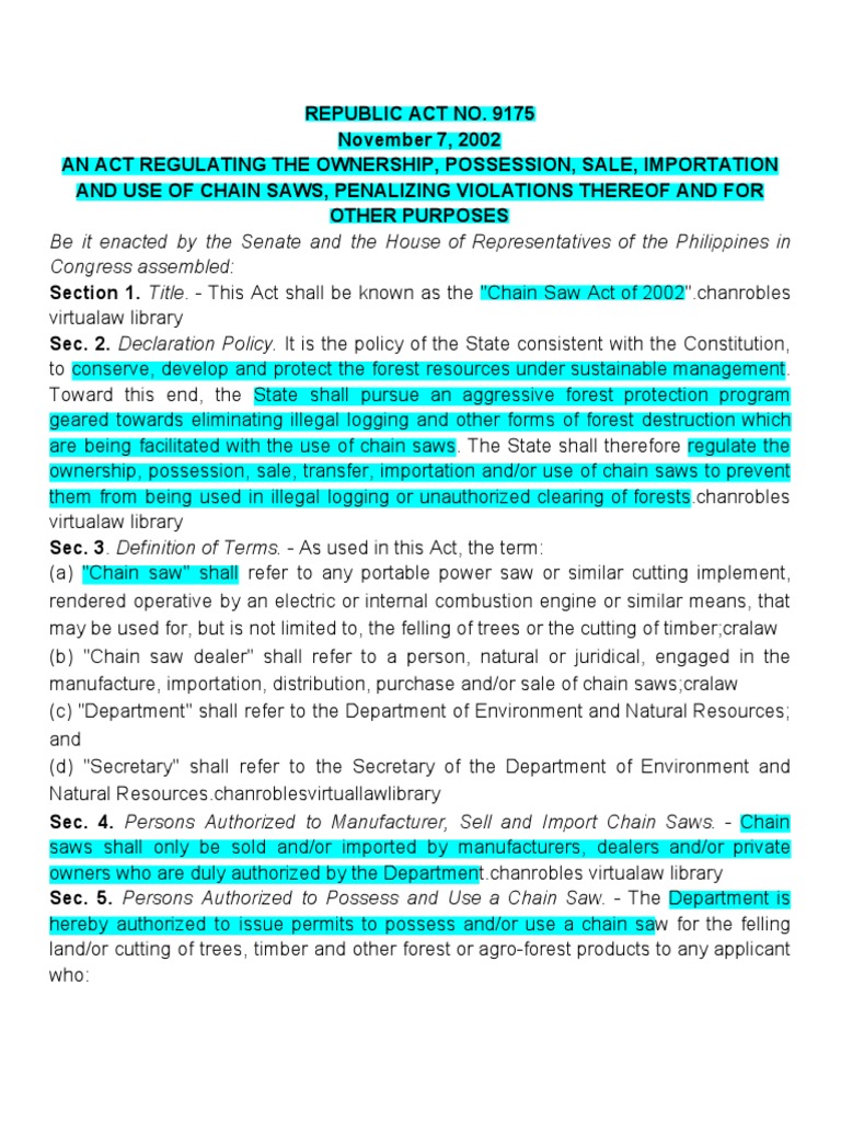 Ra 9175 Chainsaw Act | PDF | United States Senate | Logging