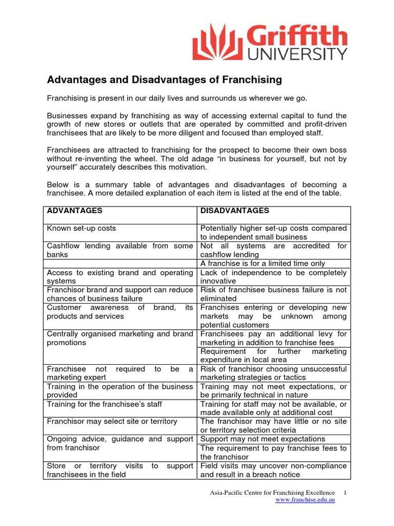 Advantages and Disadvantages of Franchising PDF | PDF
