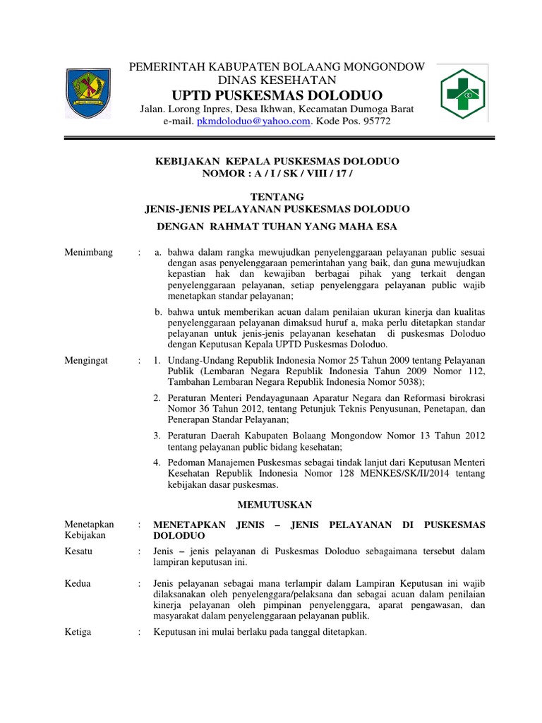 1.1.1.1 SK Jenis - Jenis Pelayanan Yang Di Sediakan Oleh Puskesmas | PDF | Pengembangan Diri