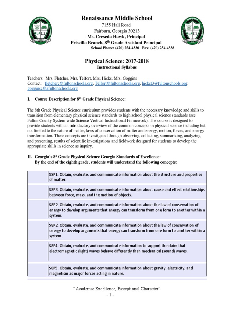 8th Grade Syllabus 2017-2018 | PDF | Middle Schools | Science