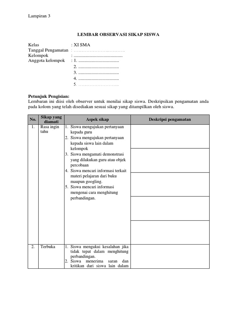 Lampiran 3 Lembar Observasi Sikap Siswa | PDF
