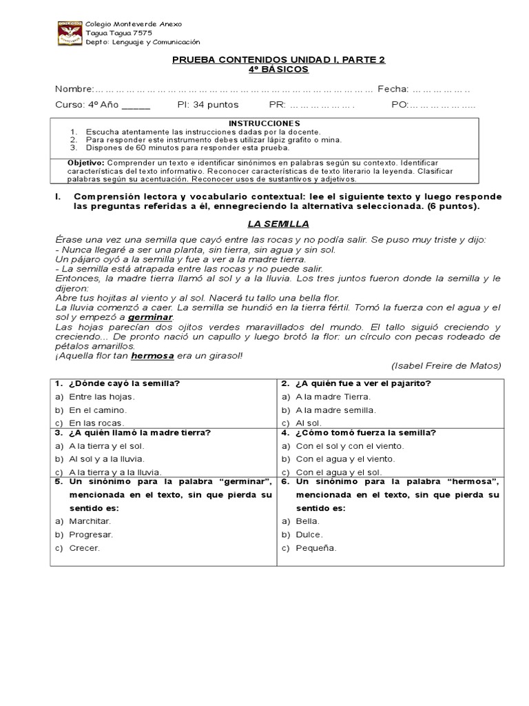 Prueba Contenidos Unidad I, Parte 2 Abril 4º Básicos Diferenciada | PDF ...