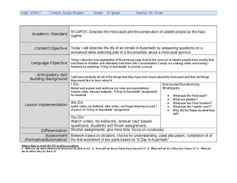 Holocaust Education Lesson Plan | PDF | The Holocaust | Auschwitz ...