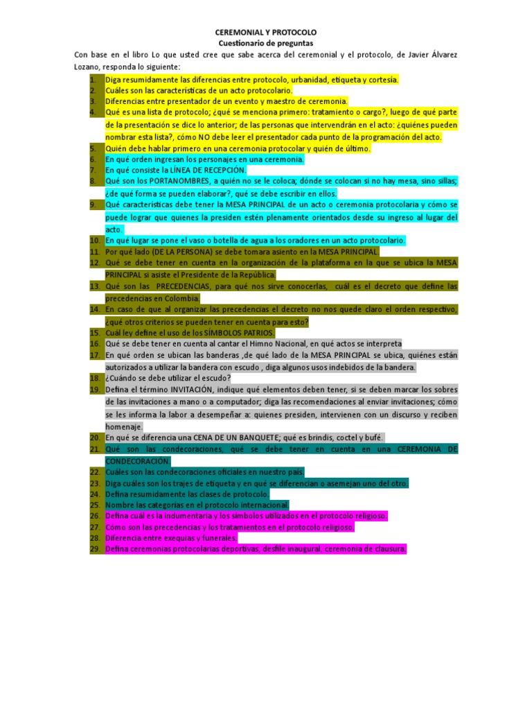 Guía de preguntas sobre ceremonial y protocolo | PDF | Ocio