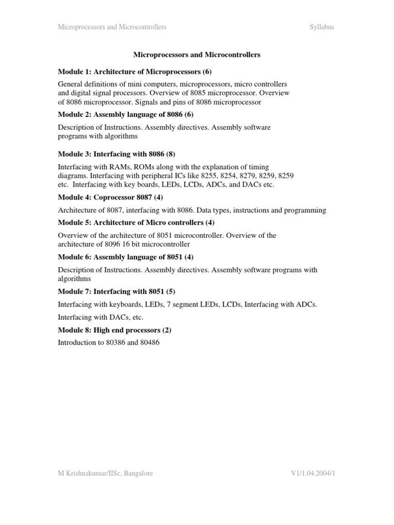 Microprocessors and Microcontrollers Syllabus | PDF