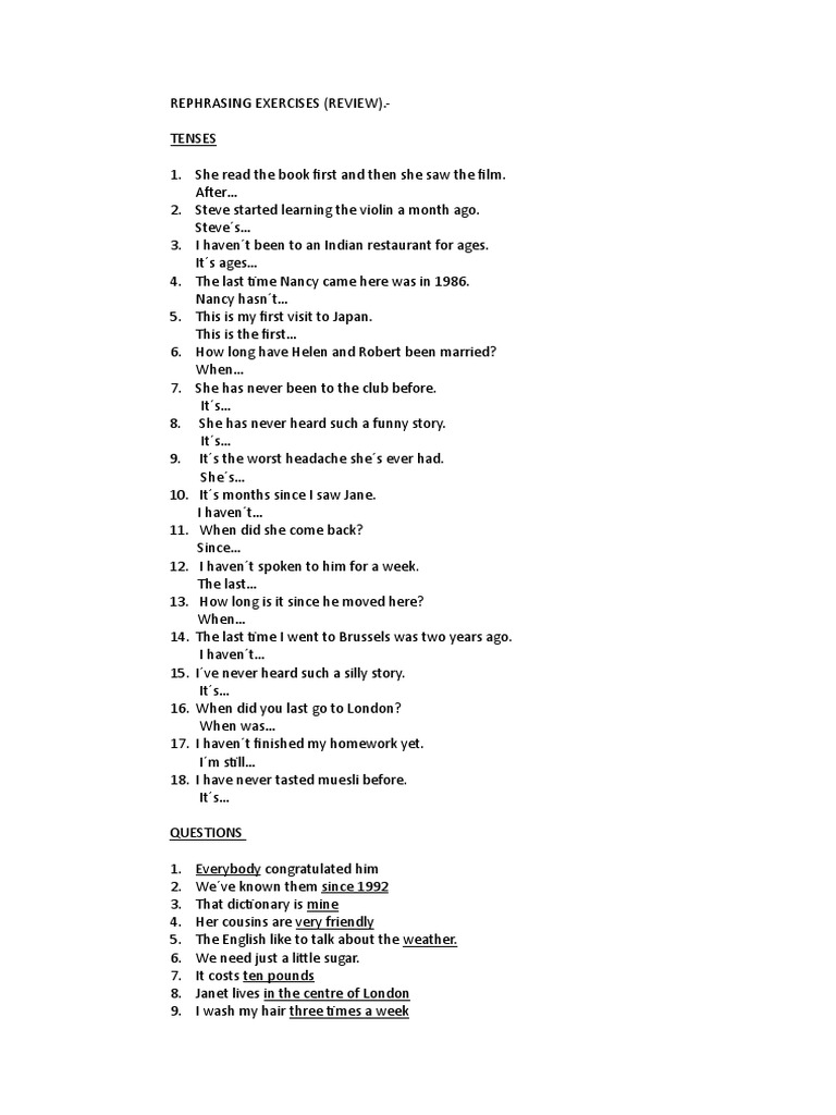 REPHRASING EXERCISES Repaso | PDF