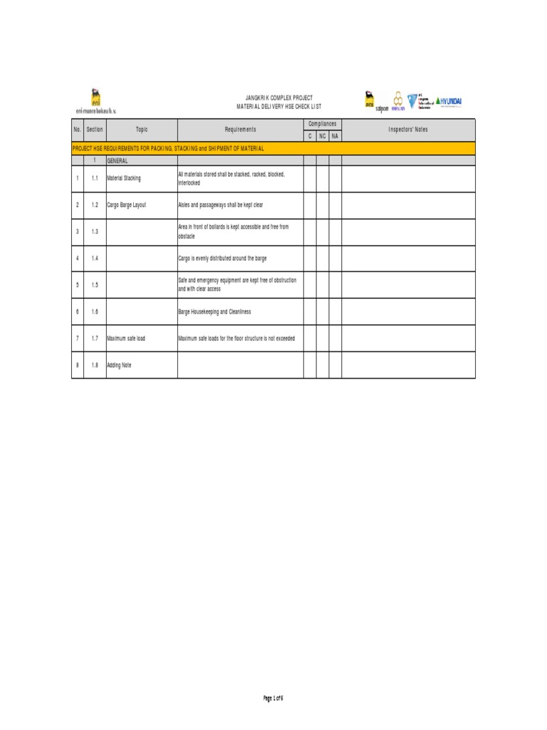 Material Delivery HSE Checklist | PDF | Pallet | Cargo