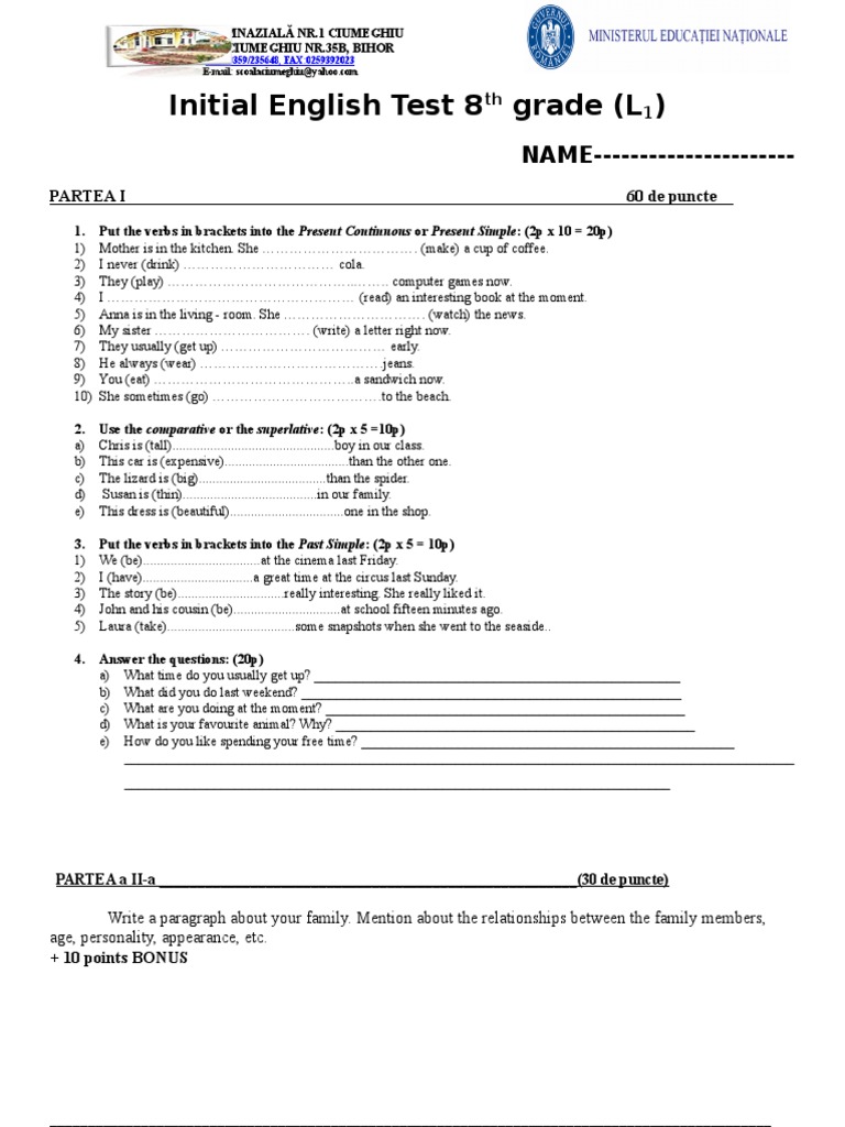 Initial Test 8th Grade | PDF