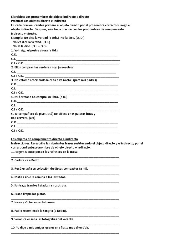 Ejercicios Repaso de Pronombres Objeto y Reflexivos Ediane | PDF ...