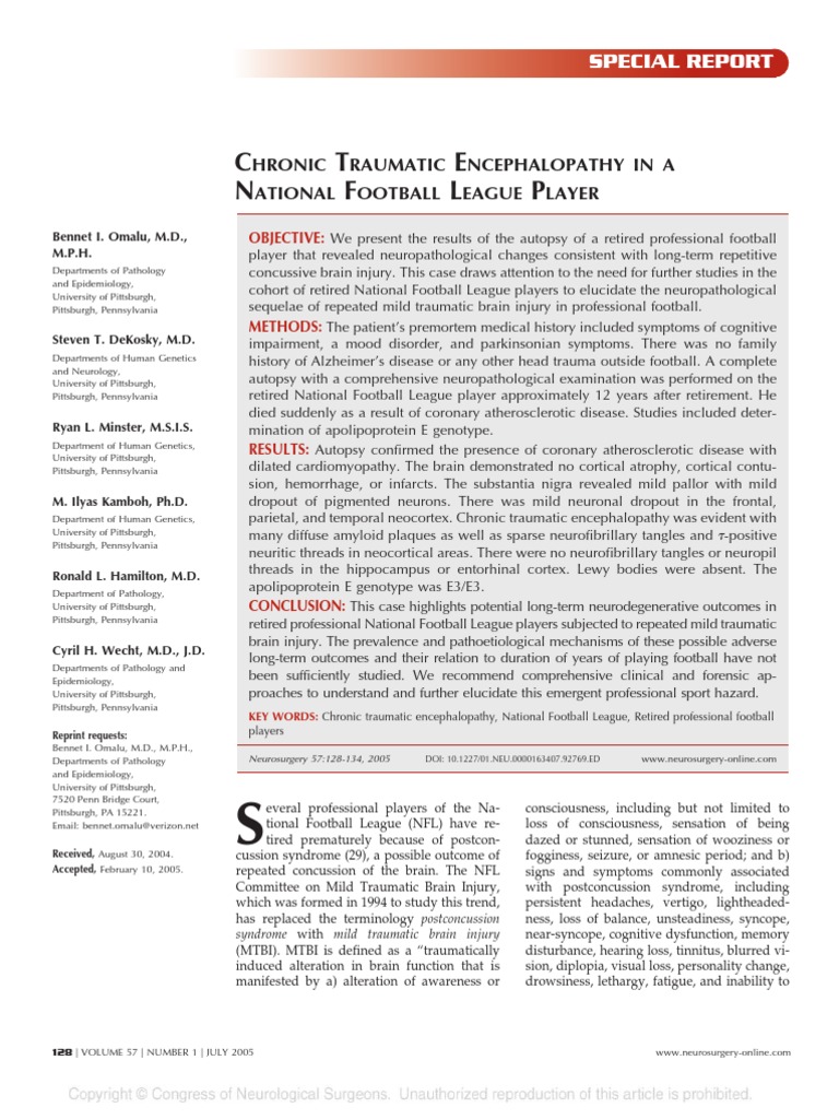 CTE NFL Part 1 PDF | PDF | Chronic Traumatic Encephalopathy | Concussion