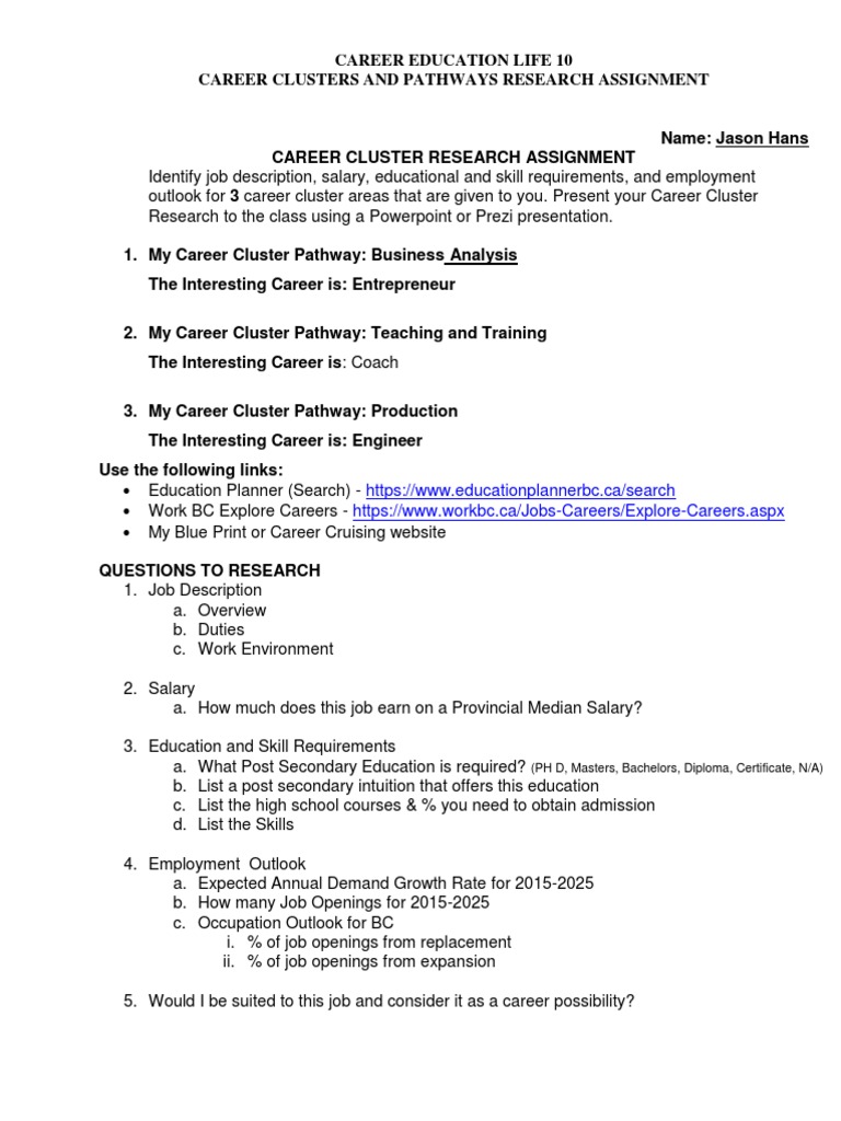 Career Cluster Research Assignment Cel10 Done | PDF