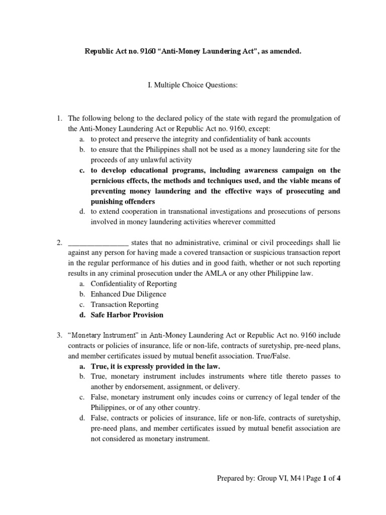 AMLA Questions | Money Laundering | Public Law