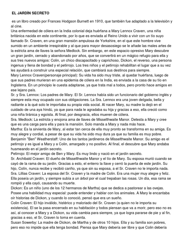 EL JARDÍN SECRETO Resumen y Prueba | PDF | El jardín secreto | Ocio