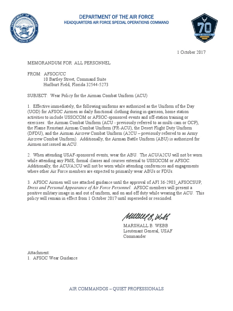 AFSOC Wear Guidance - 1 Oct 17 Policy | PDF | United States Air Force ...