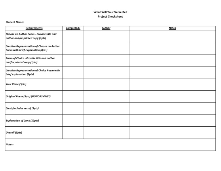 What Will Your Verse Be? Project Checksheet: Requirements Completed ...