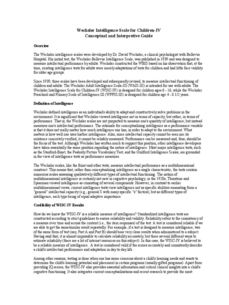 WISC-IV - Conceptual and Interpretive Guide | PDF | Wechsler Adult ...