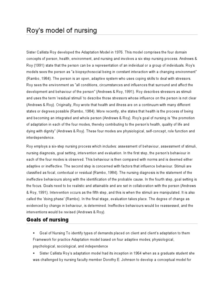 Roy's Model of Nursing | PDF | Psychological Concepts | Emergence