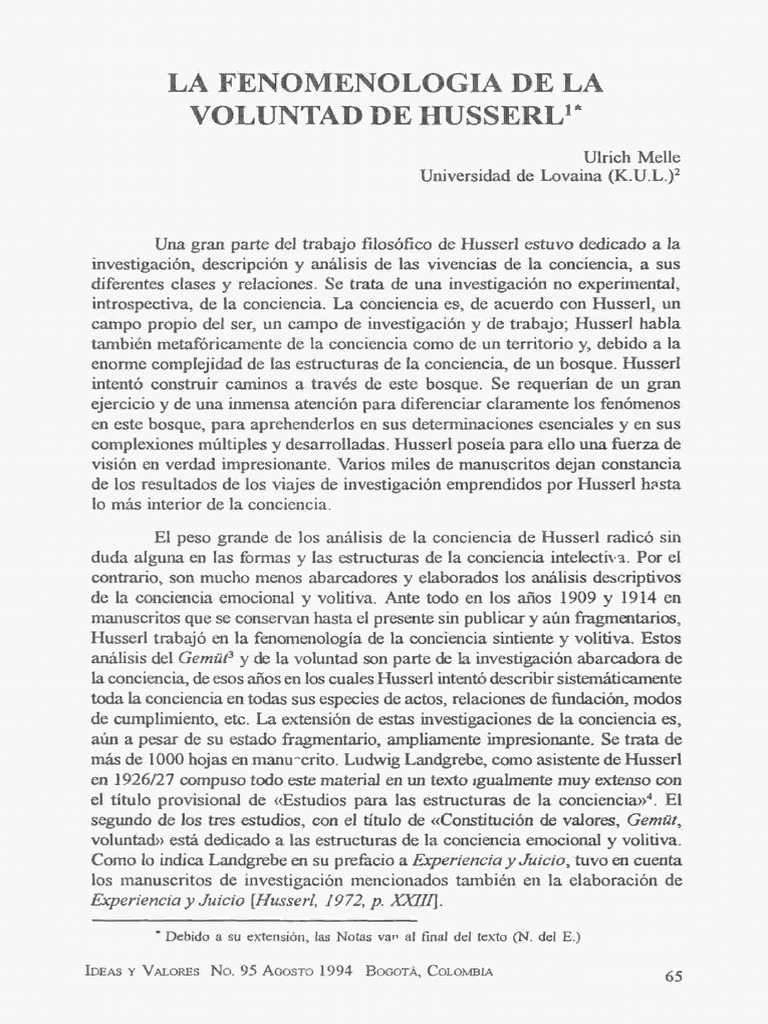 Art - Ulrich Melle - La Fenomenologías de La Voluntad de Husserl | PDF ...
