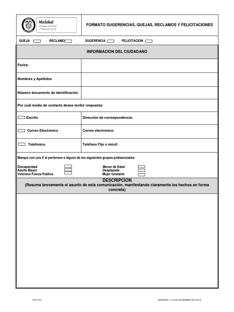 ATC-F01 Formato Sugerencias, Quejas, Reclamos y Felicitaciones
