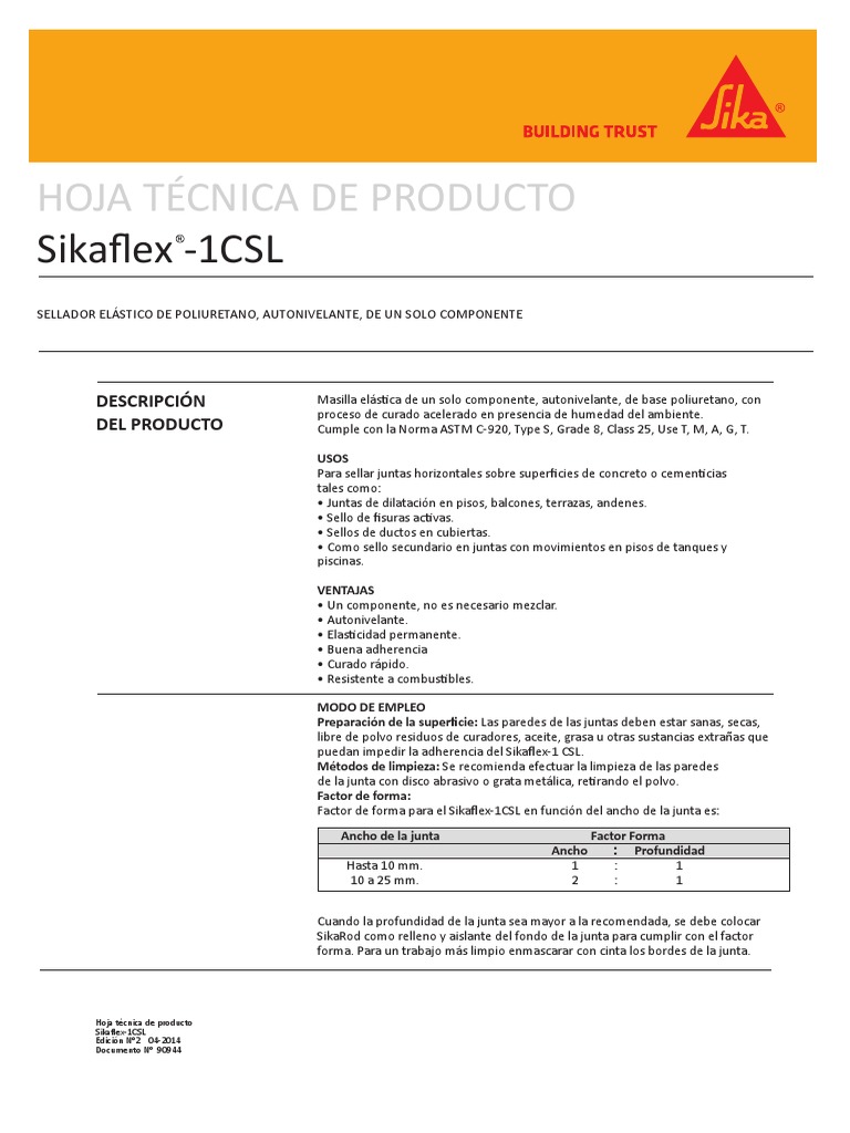 Sikaflex 1CSL PDS | PDF | Materiales | Química
