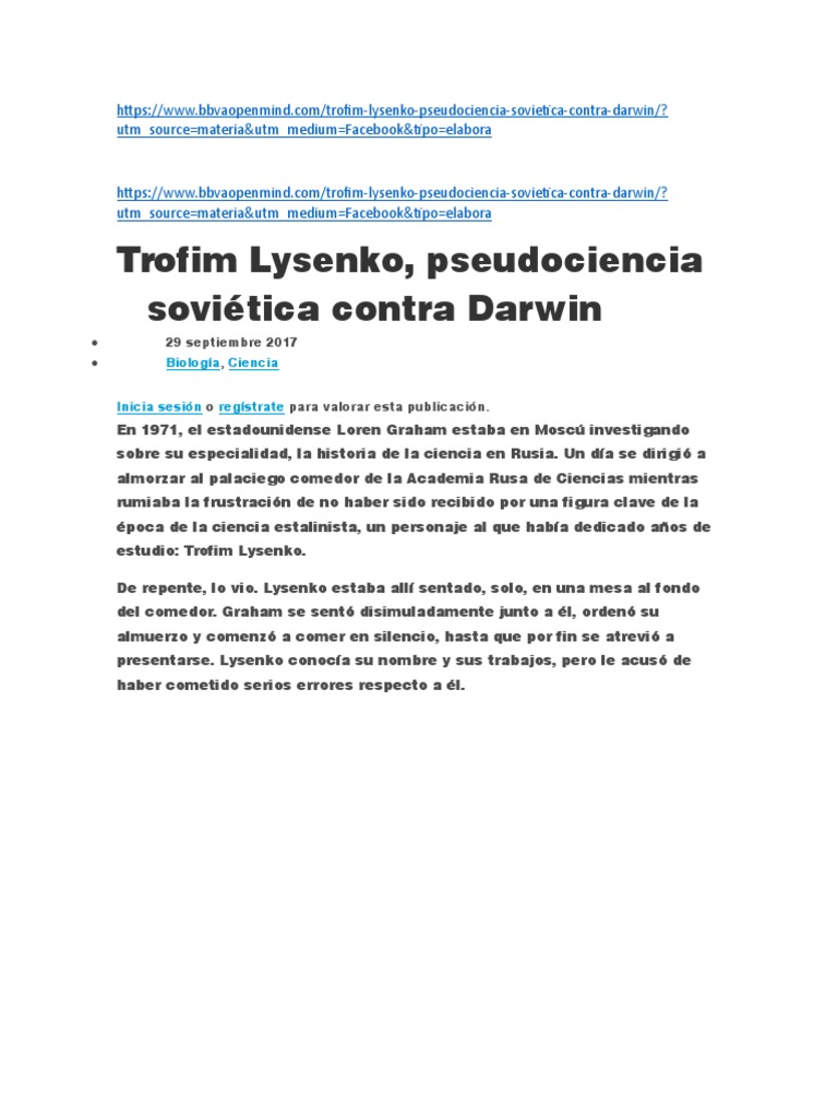 Trofim Lysenko, Pseudociencia Soviética Contra Darwin | PDF | Biología ...