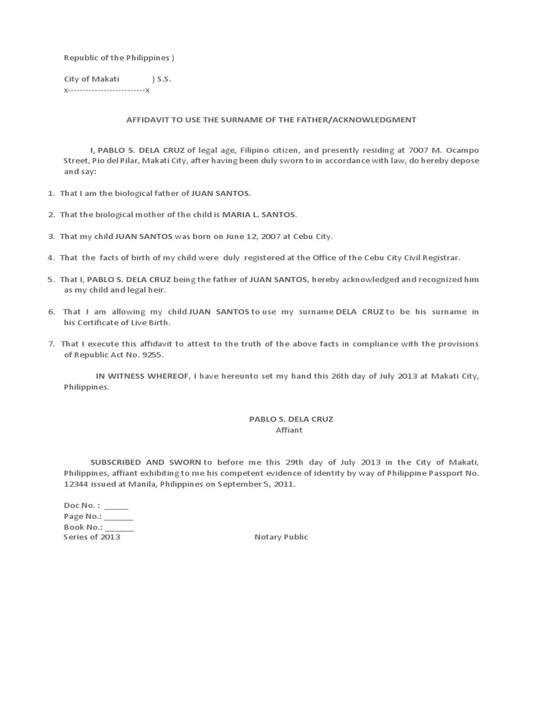 Sample Affidavit To Use Surname of Father | PDF
