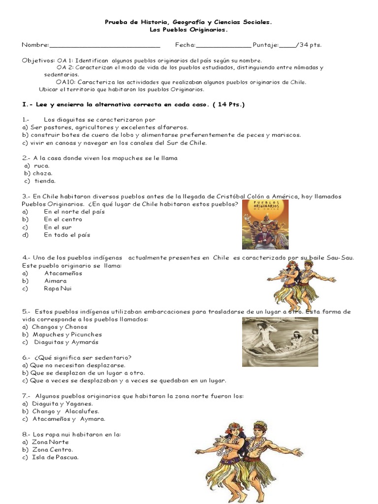 Prueba de Historia Los Pueblos Originarios 1 | PDF | Pueblos Indígenas ...