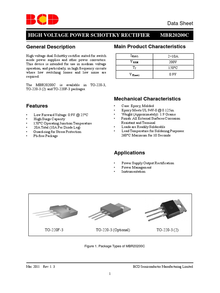 High Voltage Power Schottky Rectifier Data Sheet | PDF | Rectifier | Diode