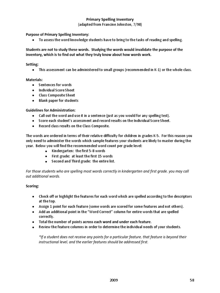 K 2spellinginventory | PDF | Educational Assessment | Languages