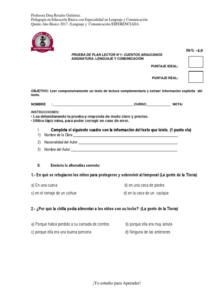 Prueba de Cuentos Araucanos - Quinto Año Básico - Diferenciada | PDF